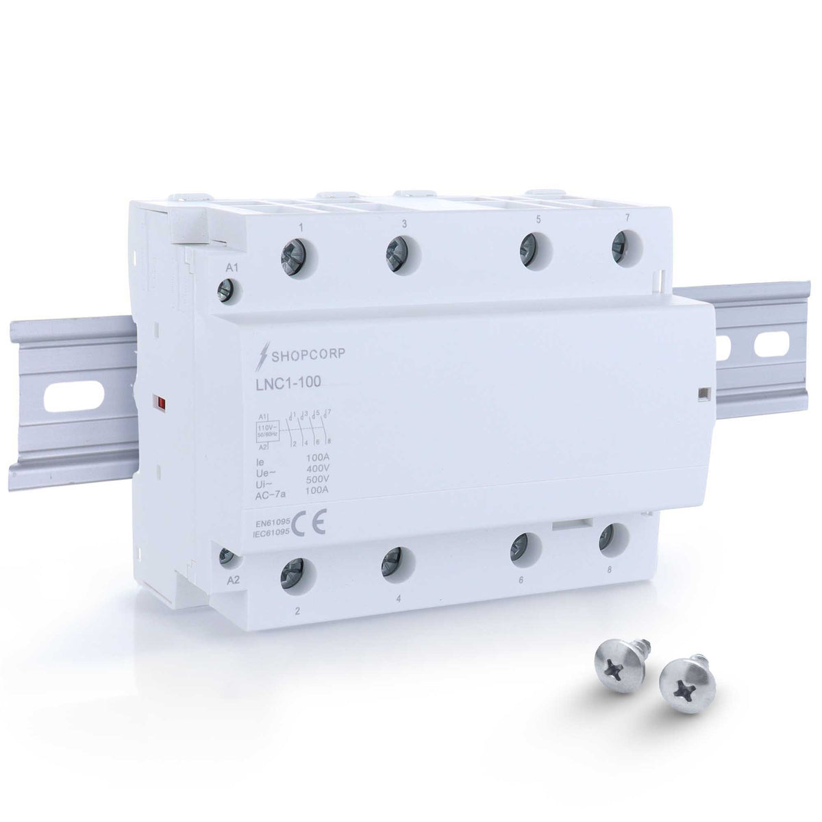 Contactor, 4 Pole Normally Open, 110/120V, 100A + Aluminum DIN Rail + 2 ...