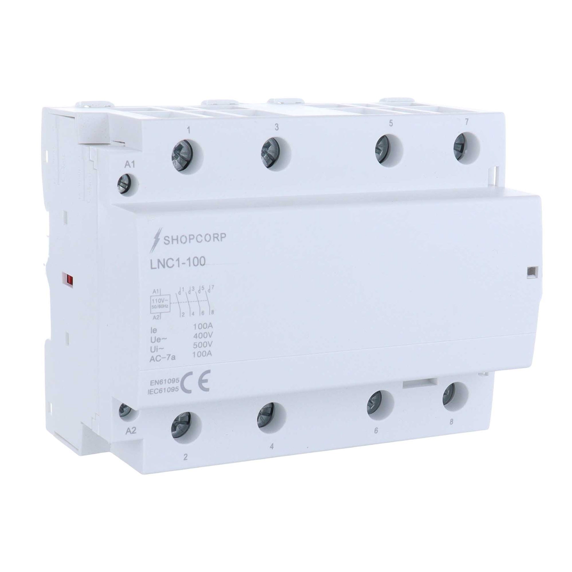 Contactor, 4 Pole Normally Open, 110/120V, 100A + Aluminum DIN Rail + 2 ...