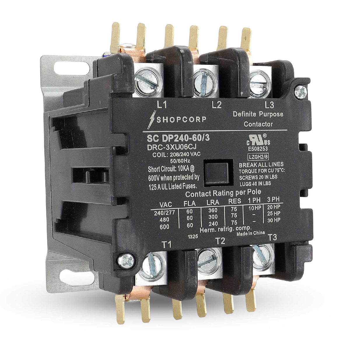 Shopcorp 60A 3 Pole Definite Purpose Contactor – 240V Coil, UL Listed ...