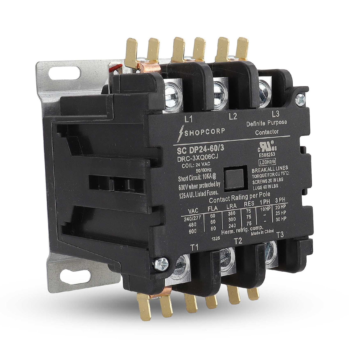 Shopcorp 60A 3 Pole Definite Purpose Contactor – 24VAC Coil, UL Listed ...