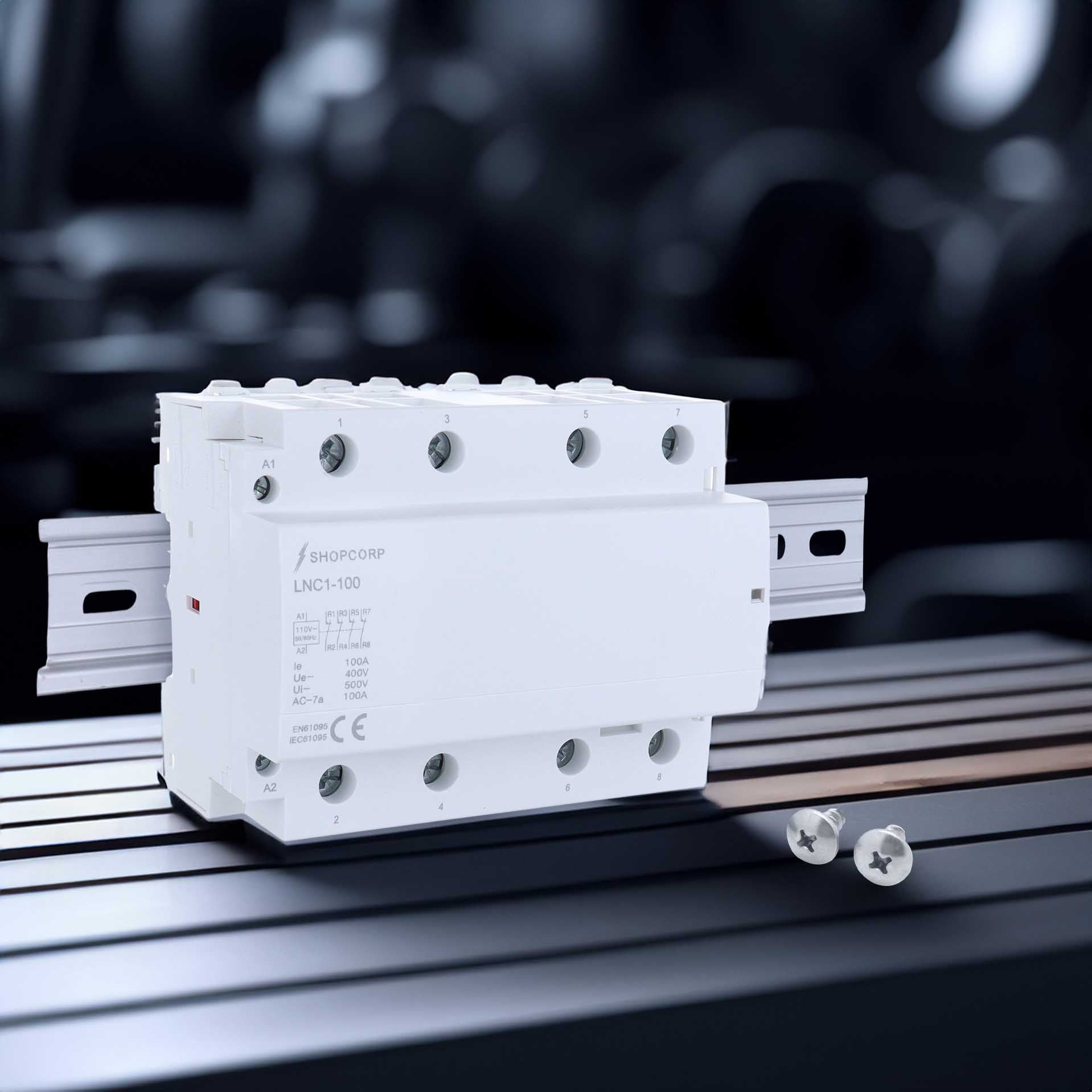 Contactor, 4 Pole Normally Closed, 110/120V, 100A + Aluminum DIN Rail ...