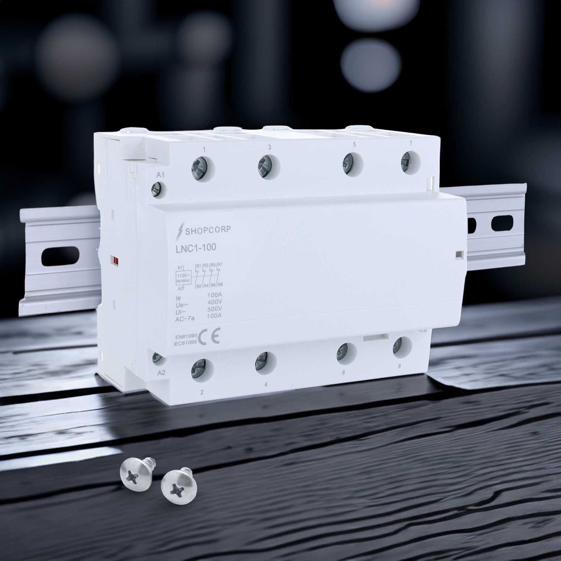 Contactor, 4 Pole Normally Closed, 110/120V, 100A + Aluminum DIN Rail ...